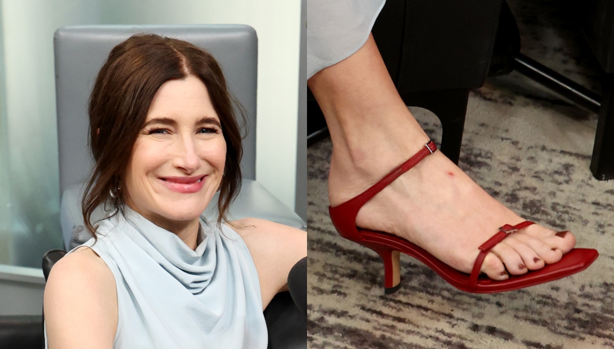 Kathryn Hahn Opts for Red Two-Strap Kitten Heel Sandal to Visit Sirius ...