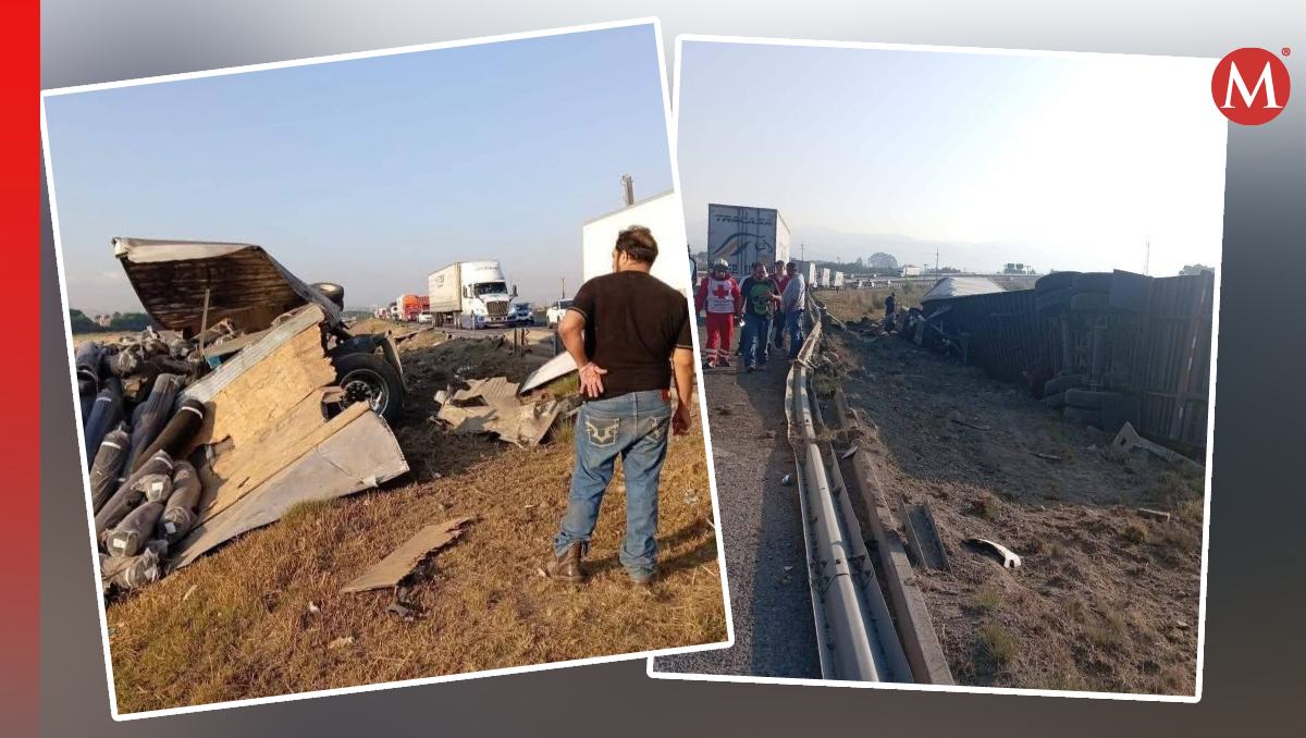 Vuelca tráiler con rollos de tela en Libramiento Bicentenario, Edomex