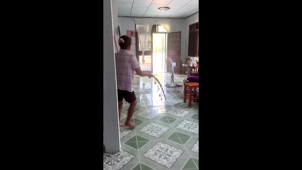 Housewife chases away snake slithering through her home