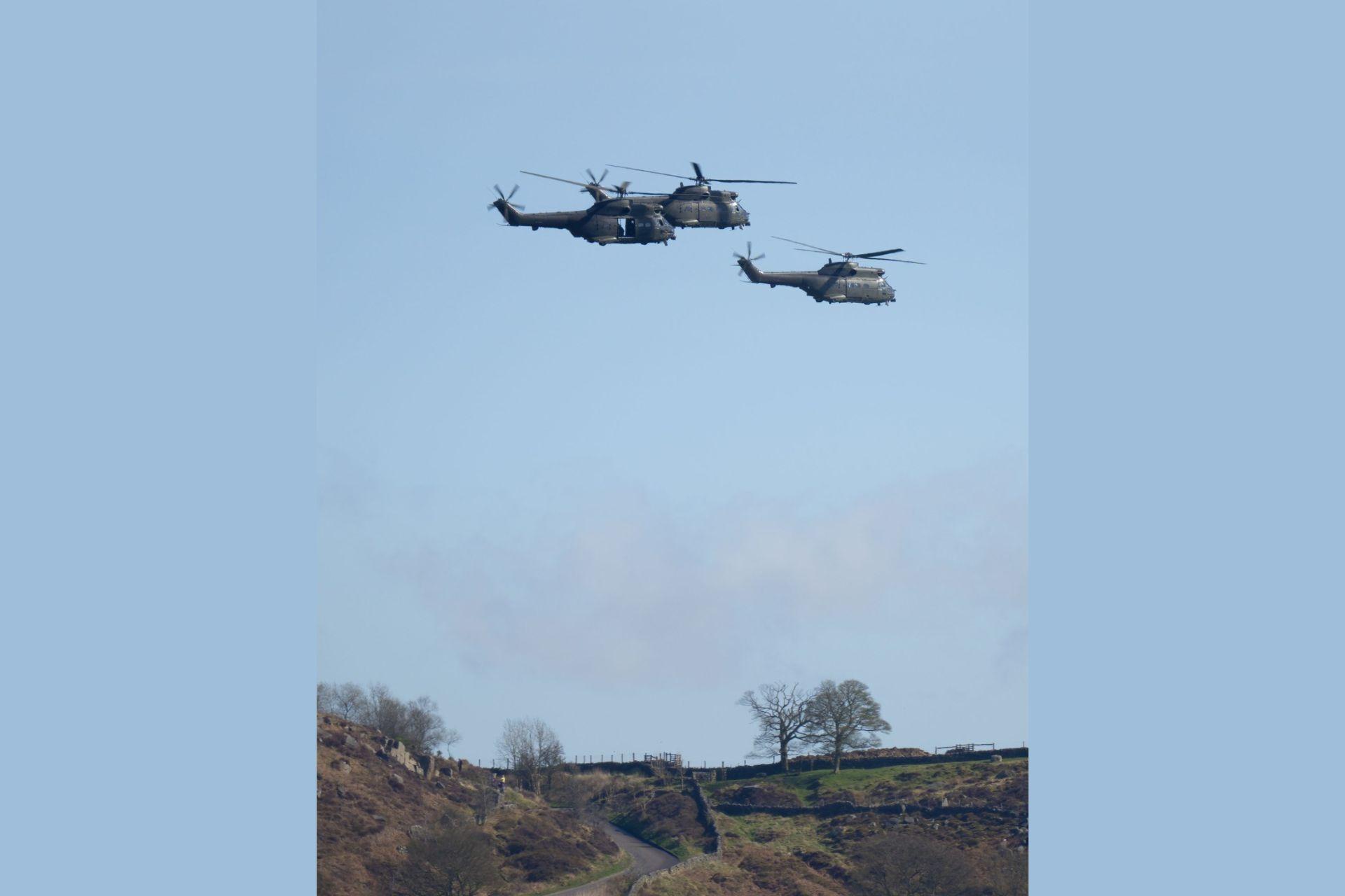RAF Puma helicopters' final flypast over Peak District's Curbar Edge ...