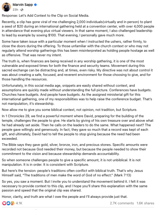 Gospel Star Marvin Sapp Responds After Viral Video Shows Him Asking Congregation for $40K: “I ...