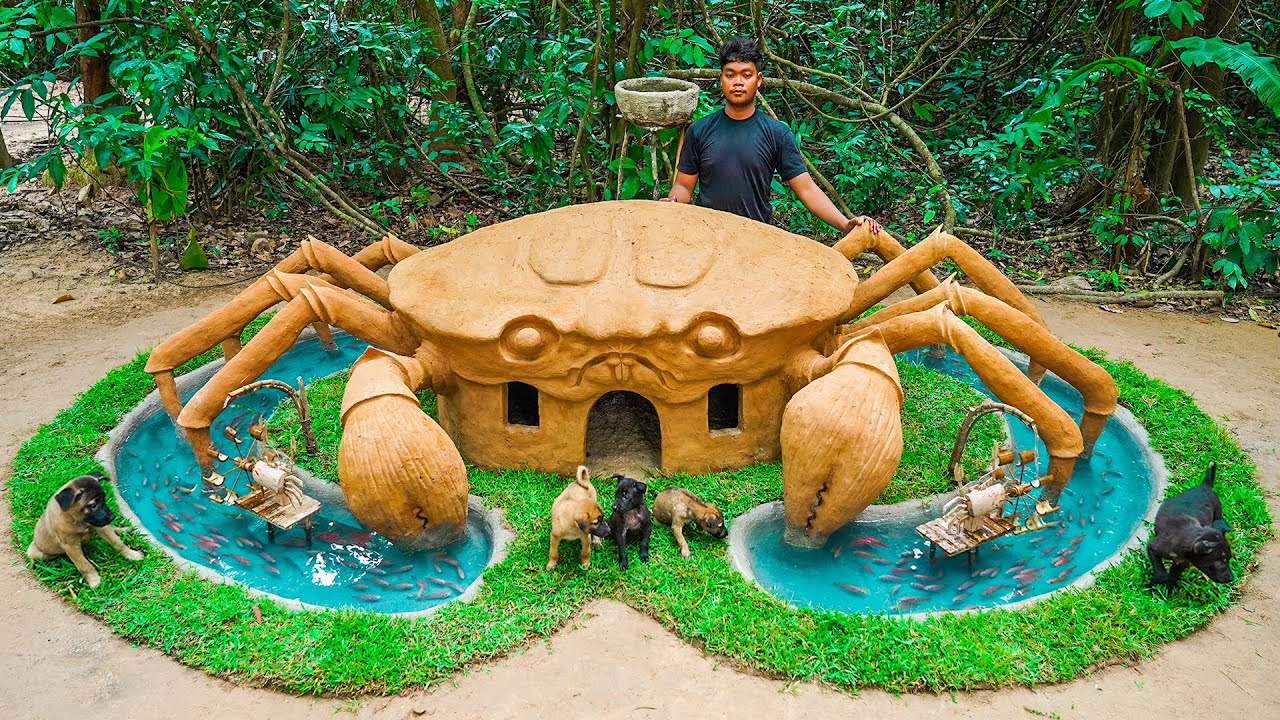Crab Shaped Puppy Sanctuary With Fish Pond Built by Bare Hand in the Jungle