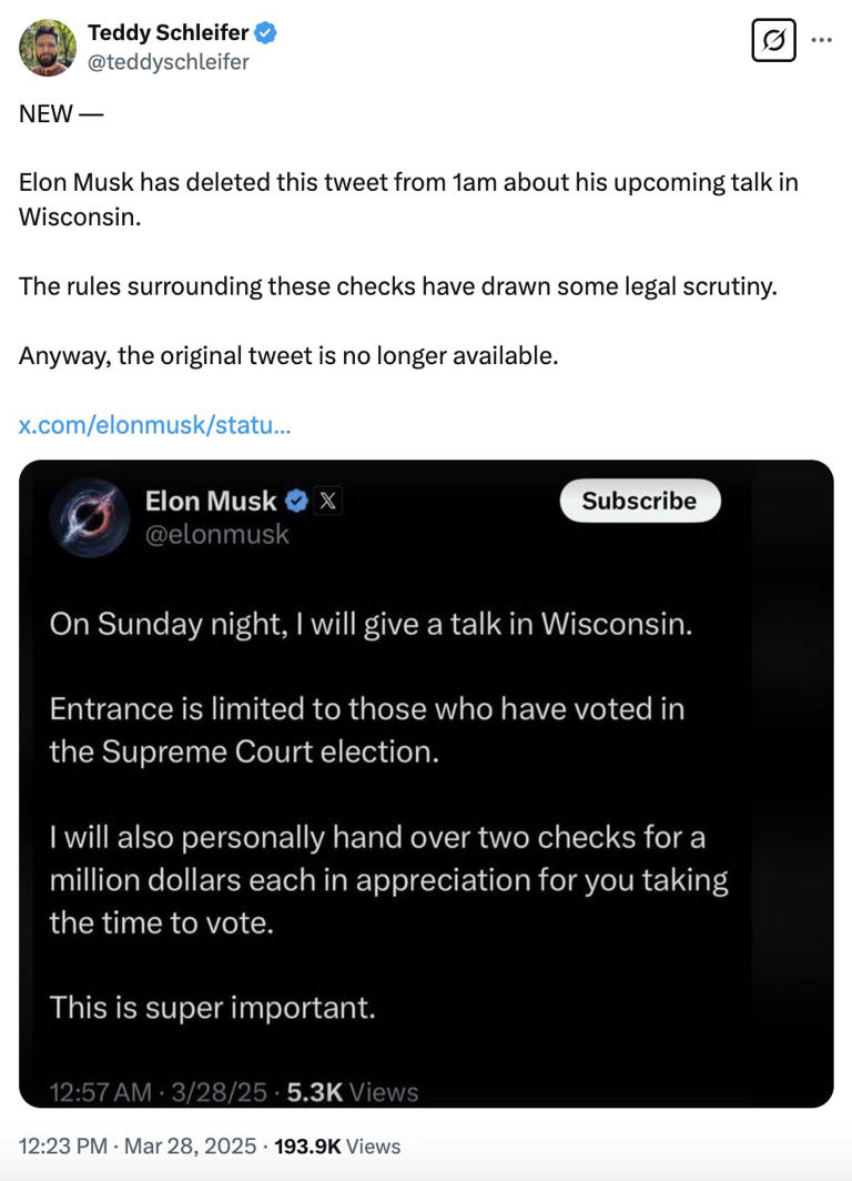 Elon Musk Deletes Post About Another Lottery Scheme to Buy Election