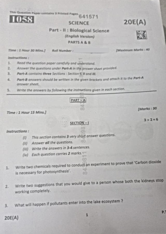 TS SSC Biological Science Question Paper 2025 with Answer Key, Download PDF