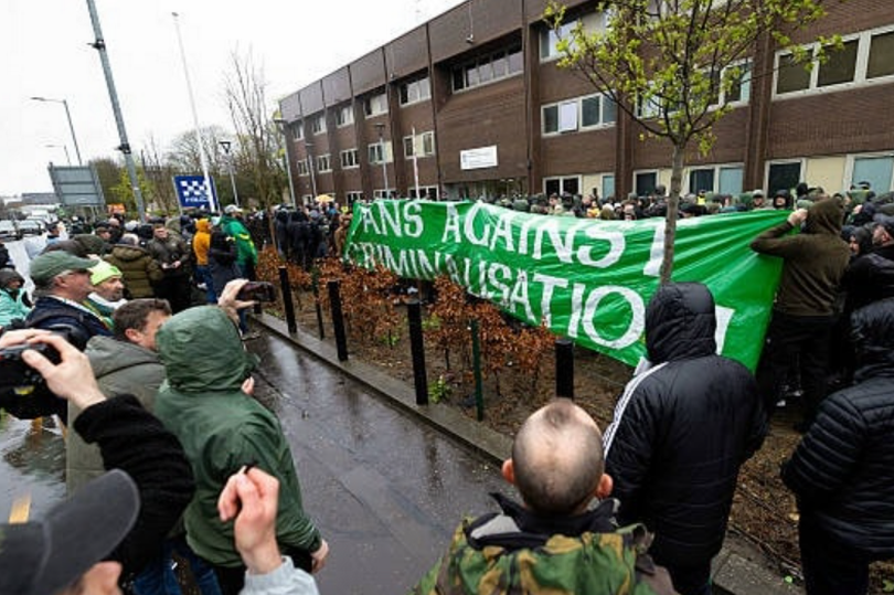 Celtic fans protest cops outside Glasgow police station