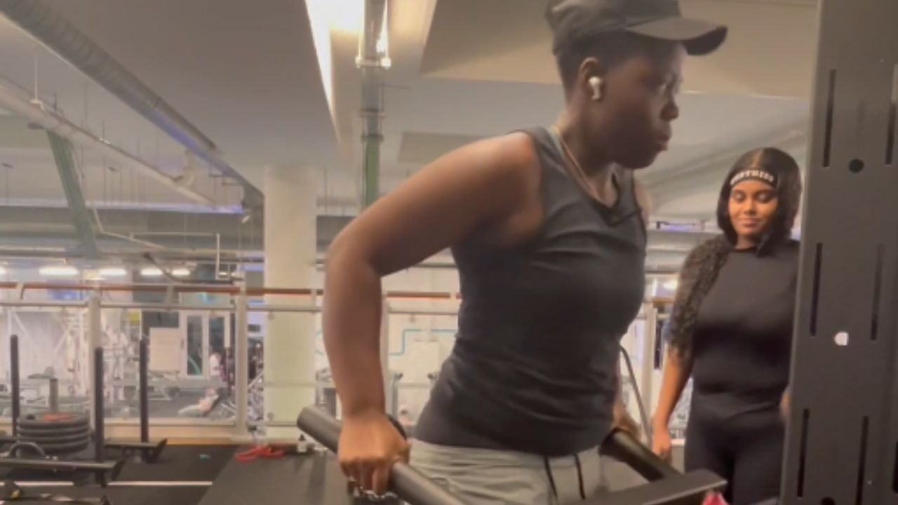 Gym-goer faces an awkward moment when equipment comes loose during an ...