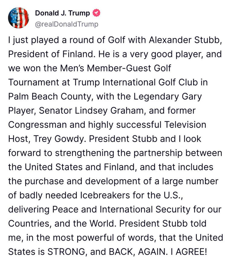 Trump plays golf with leader of Finland and agrees on 'necessary ...