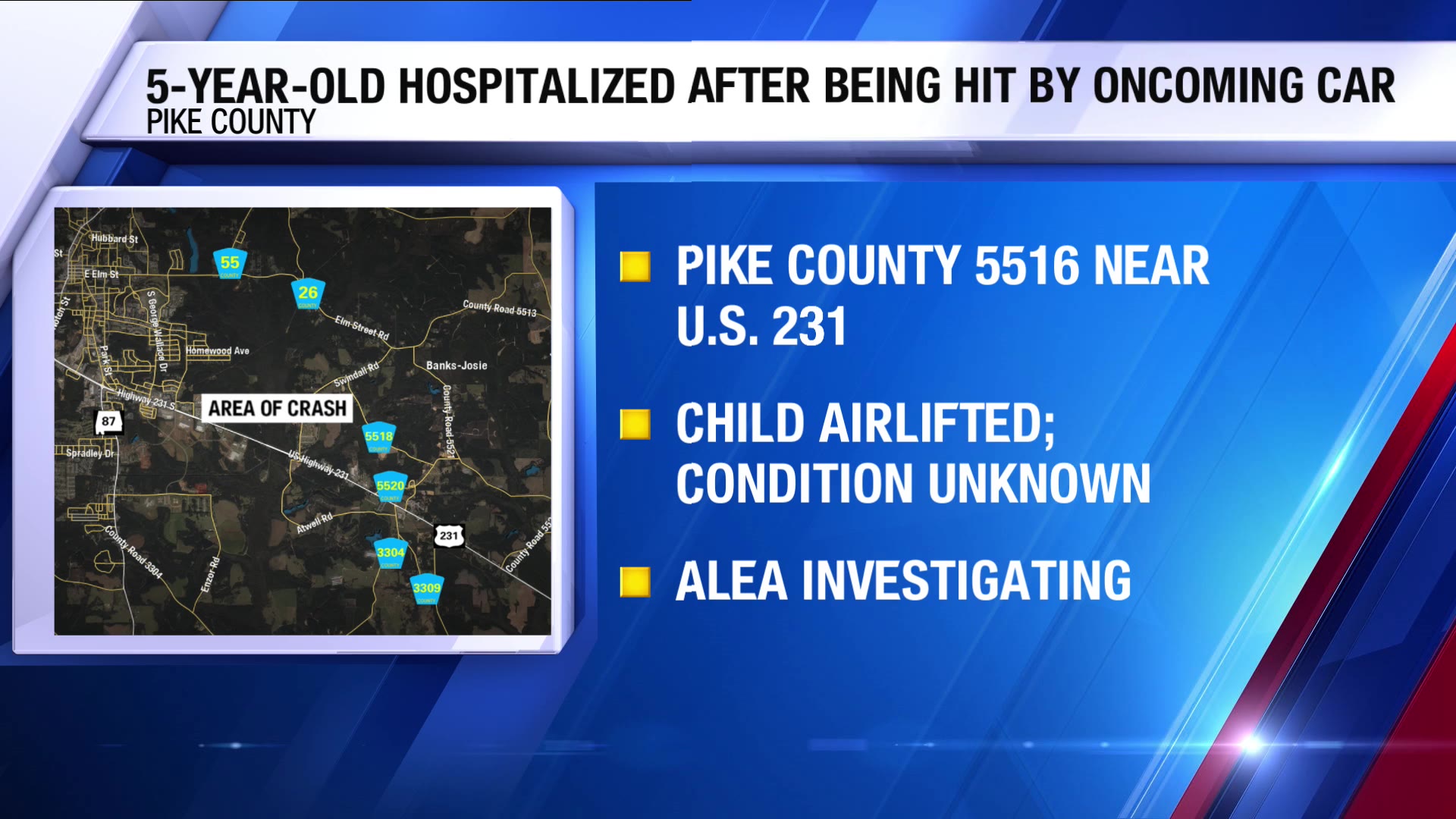 5-year-old hospitalized after being hit by oncoming car in Pike Co.; ALEA