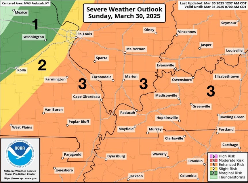 Weather service updates severe storms forecast, timing for Sunday in ...