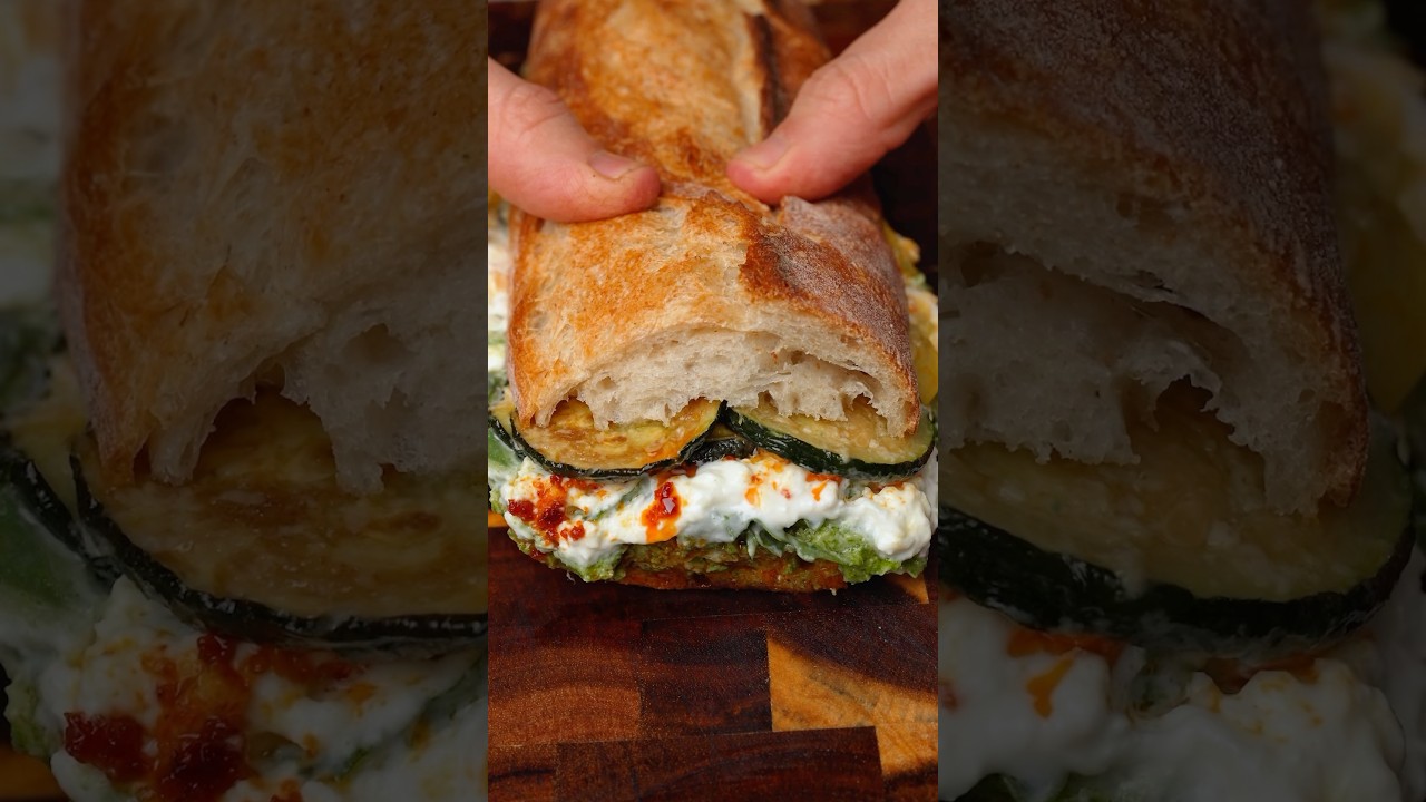 Burrata & Olive Pesto Sandwich with Zucchini Confit