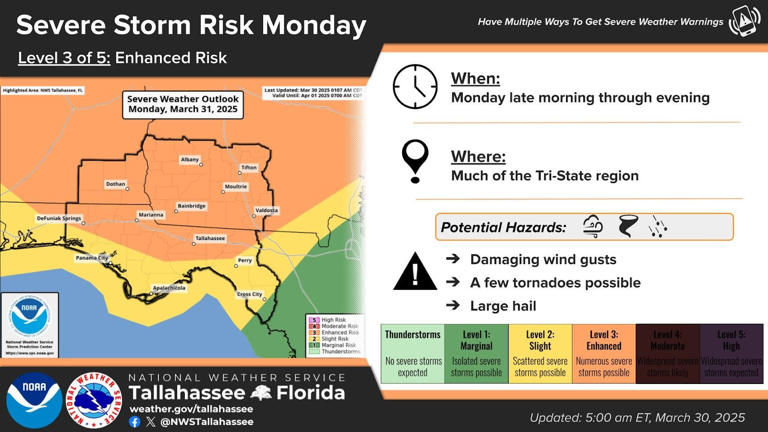 Tallahassee area under severe thunderstorm warning; 60 mph winds, pea ...