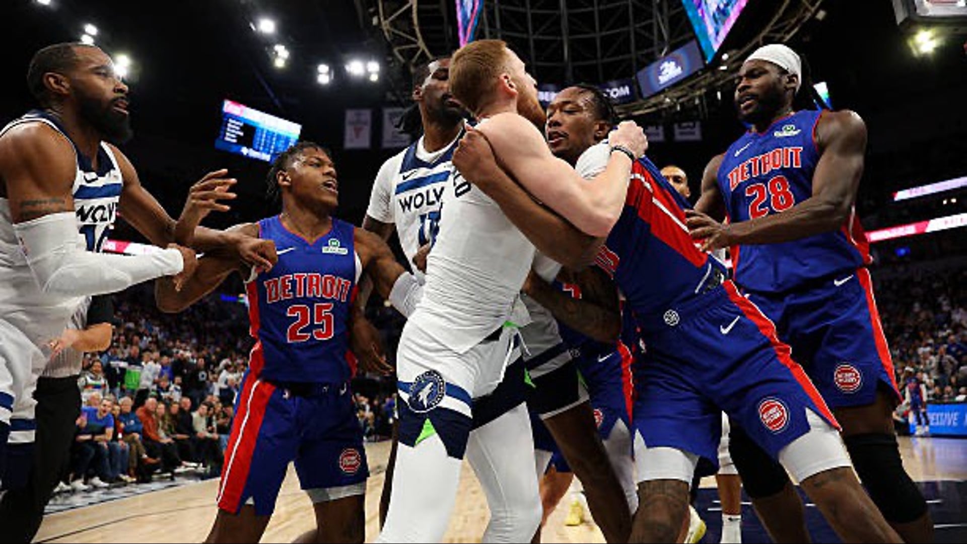 Seven Ejected After Brawl In T'Wolves Win Over Pistons