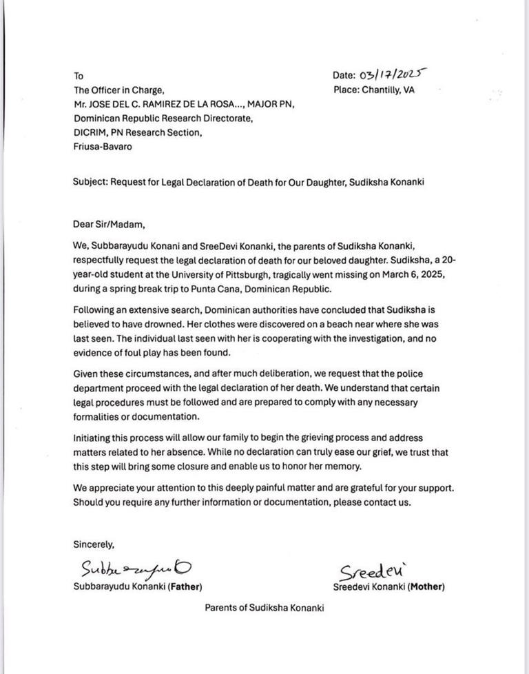 Parents of missing Pitt student Sudiksha Konanki ask DR officials to declare daughter dead