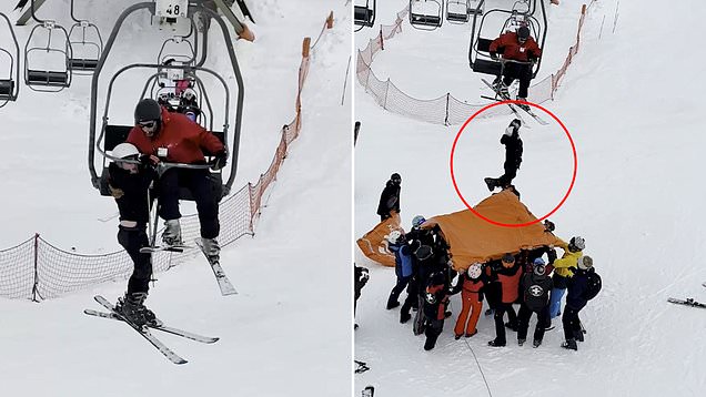 Moment child dangling from chairlift is rescued by skiers below