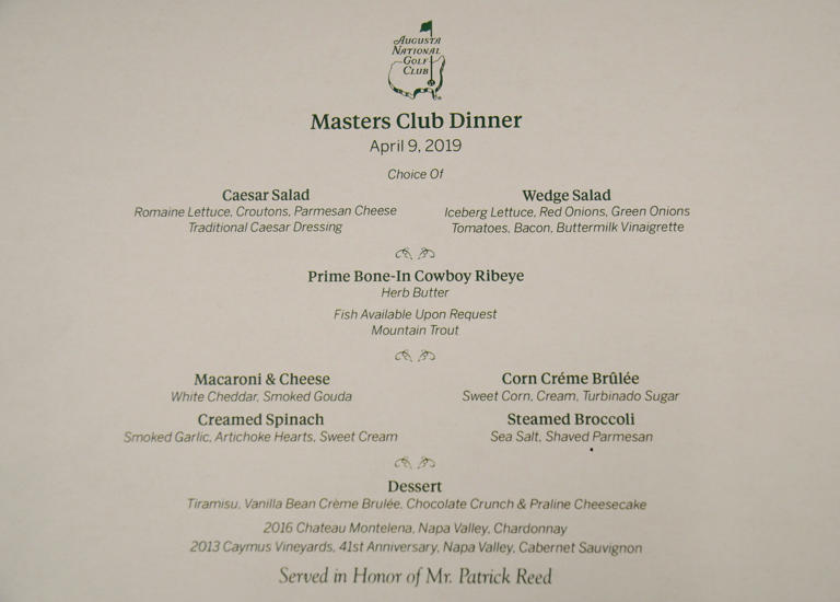 Masters Champions Dinner menus over the last 30 years