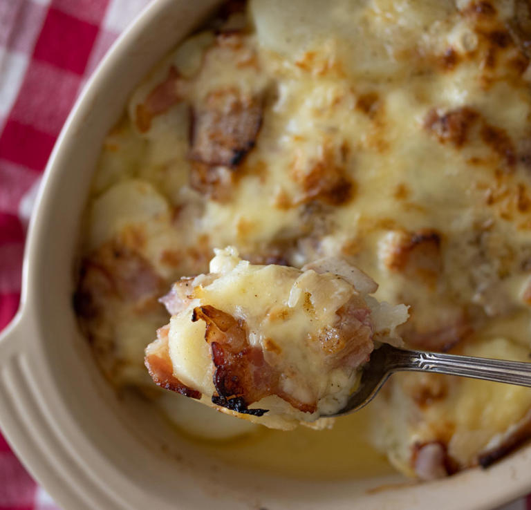 Bacon, Onion, Raclette Potato Gratin - French Classic Tartiflette