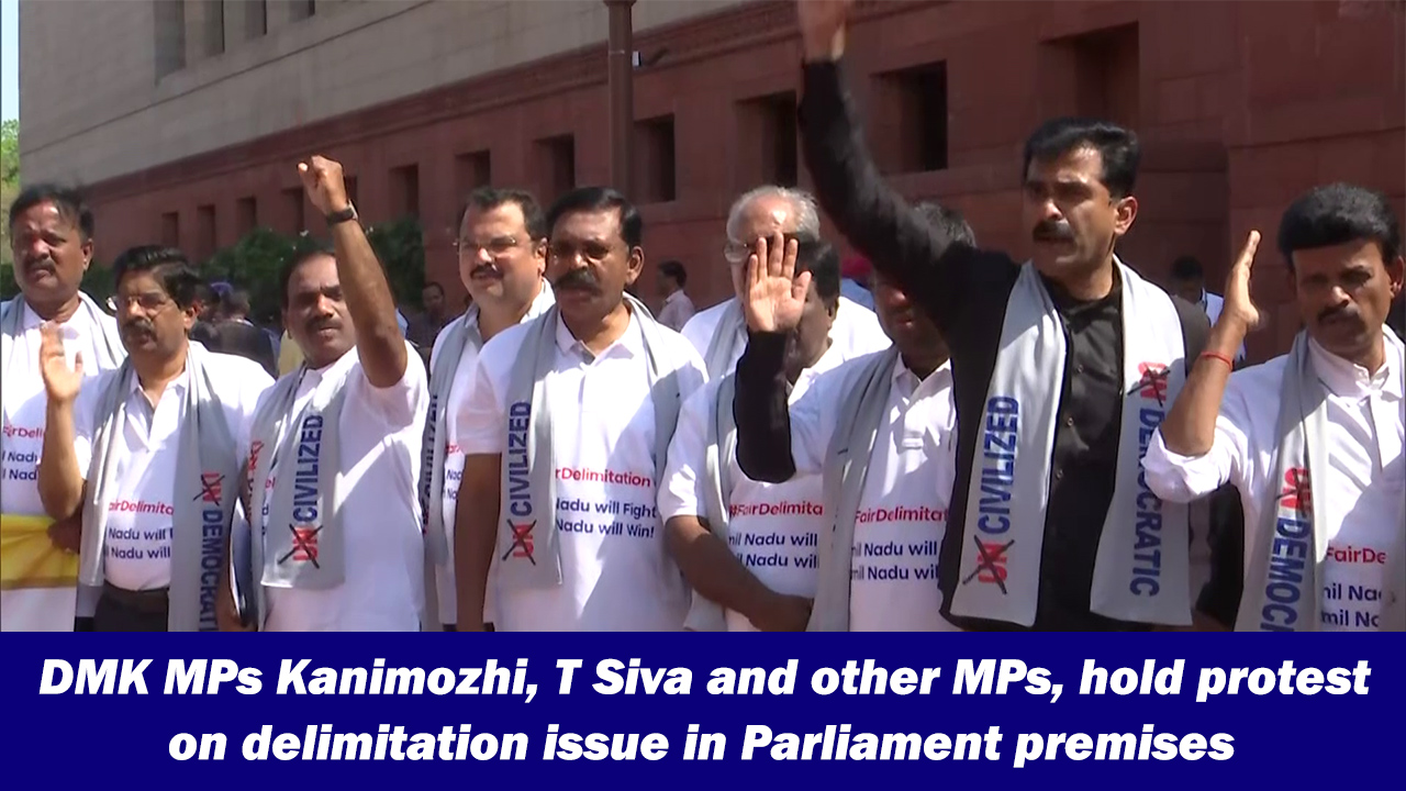 DMK MPs Kanimozhi, T Siva and other MPs, hold protest on delimitation ...