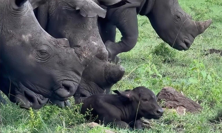 Footage reveals tender moment when massive rhinos greet newborn buffalo