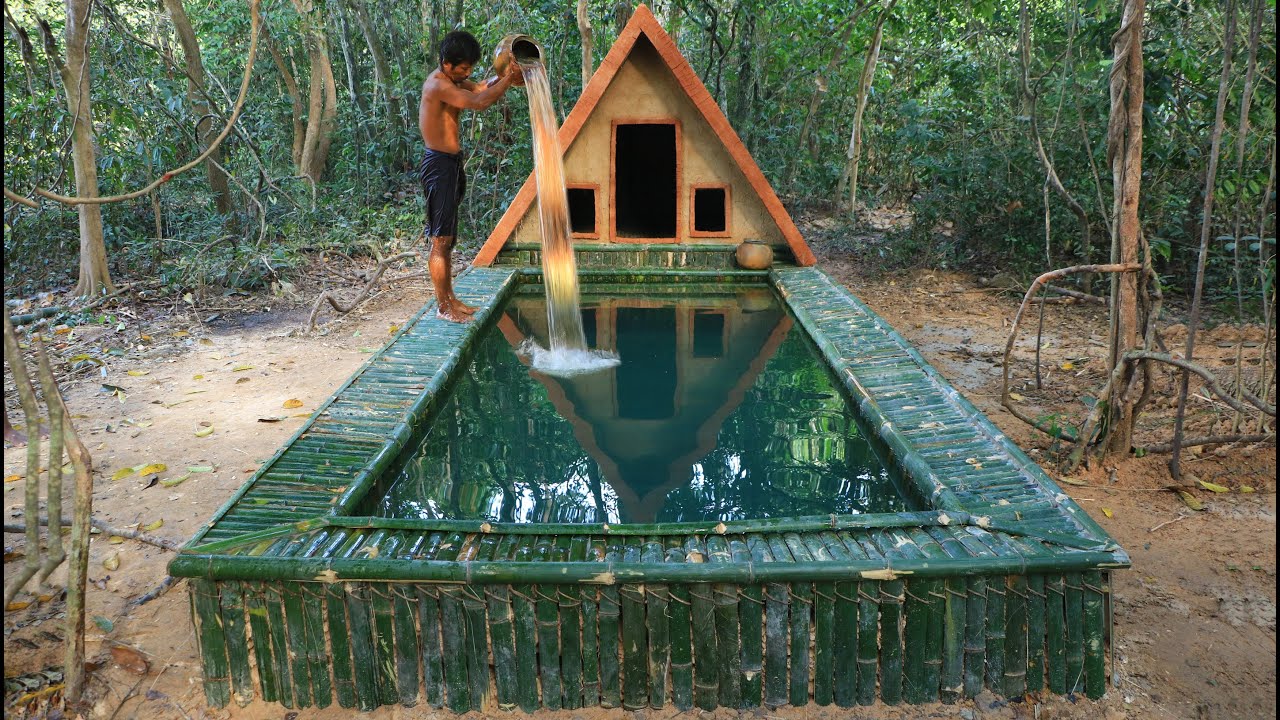 Building a Bamboo Swimming Pool & Mud House from Scratch