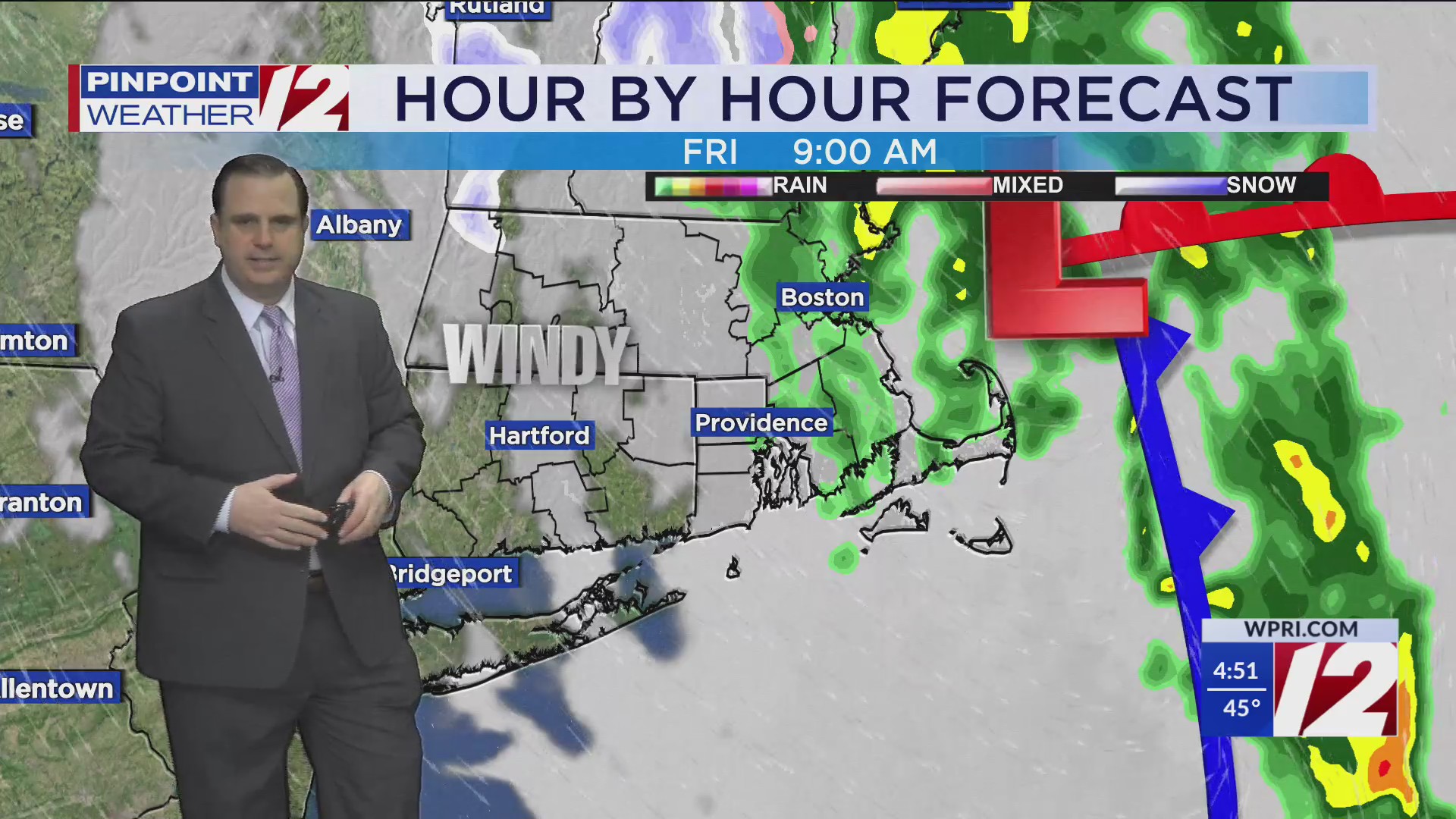 WPRI 12 Weather Forecast for 3/21/25: Rain to sun, strong gusts today.