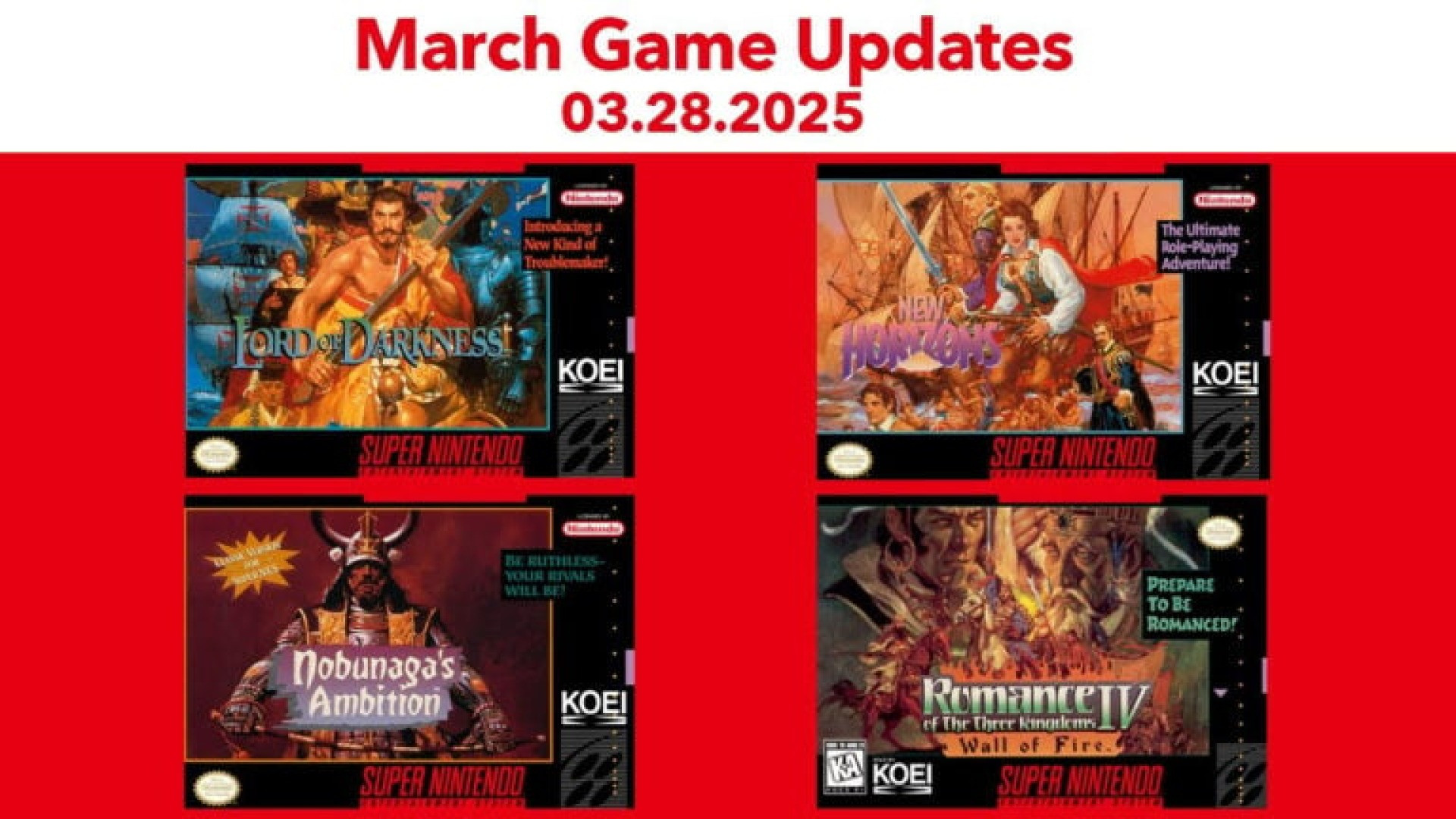 Clássicos SNES da Koei Tecmo chegam ao Nintendo Switch Online a 28 de março