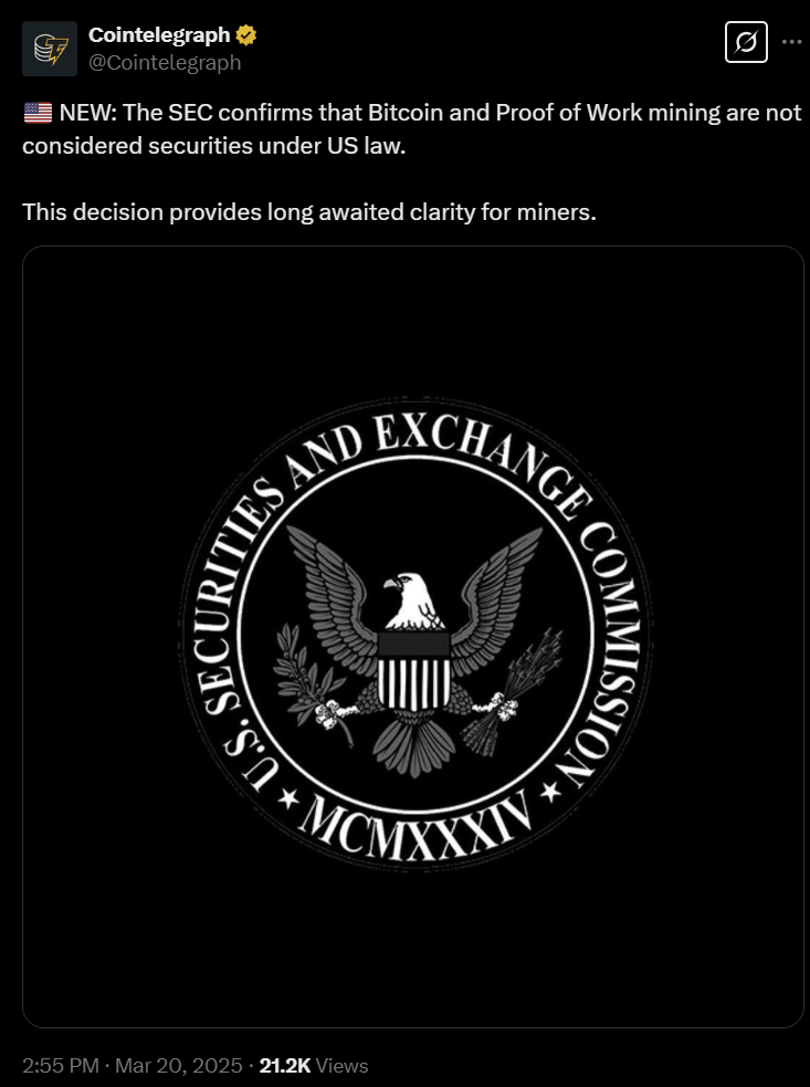 SEC says proof-of-work mining does not constitute securities dealing