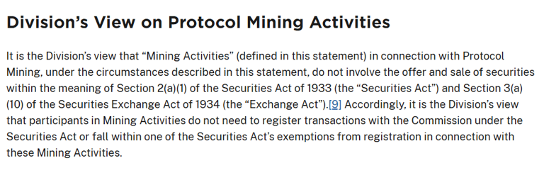 SEC says proof-of-work mining does not constitute securities dealing
