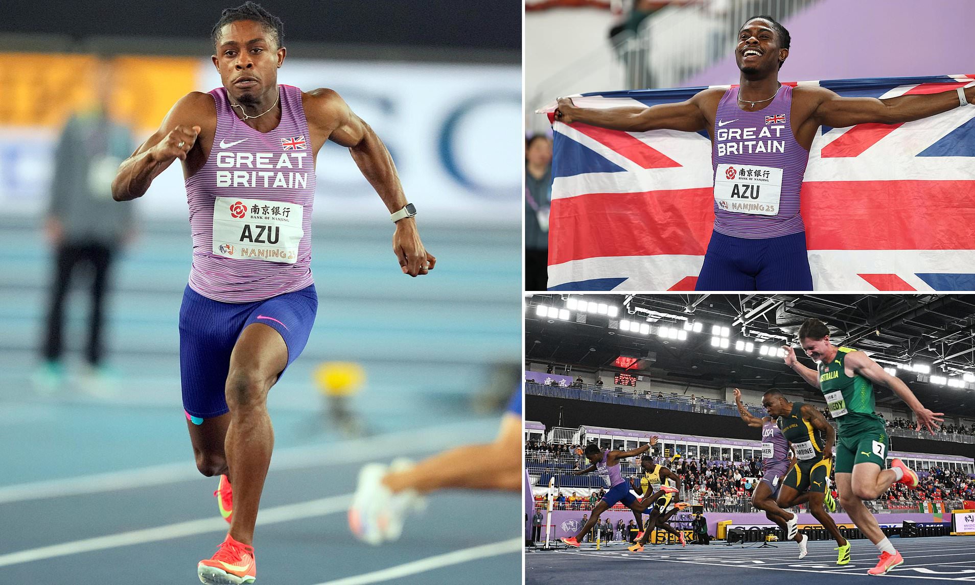 Jeremiah Azu races to 60m gold as the new father is given a big scare ...