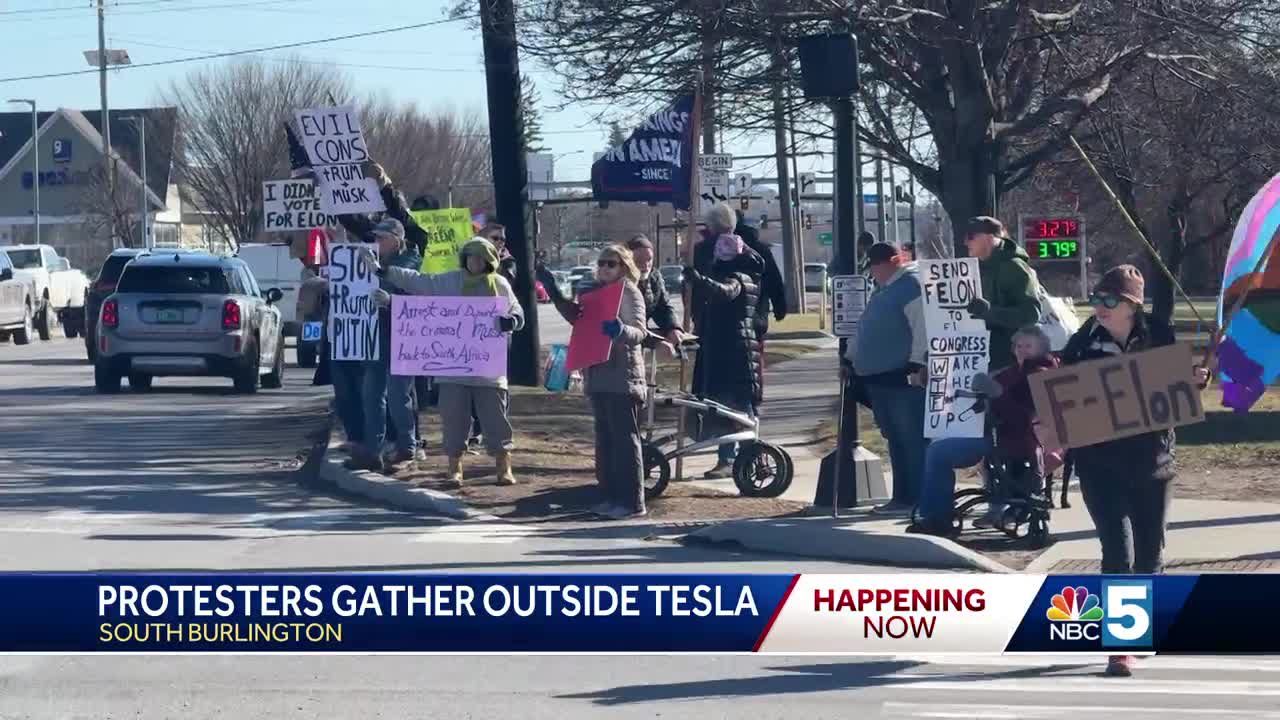 Protesters in South Burlington rally outside Tesla dealership