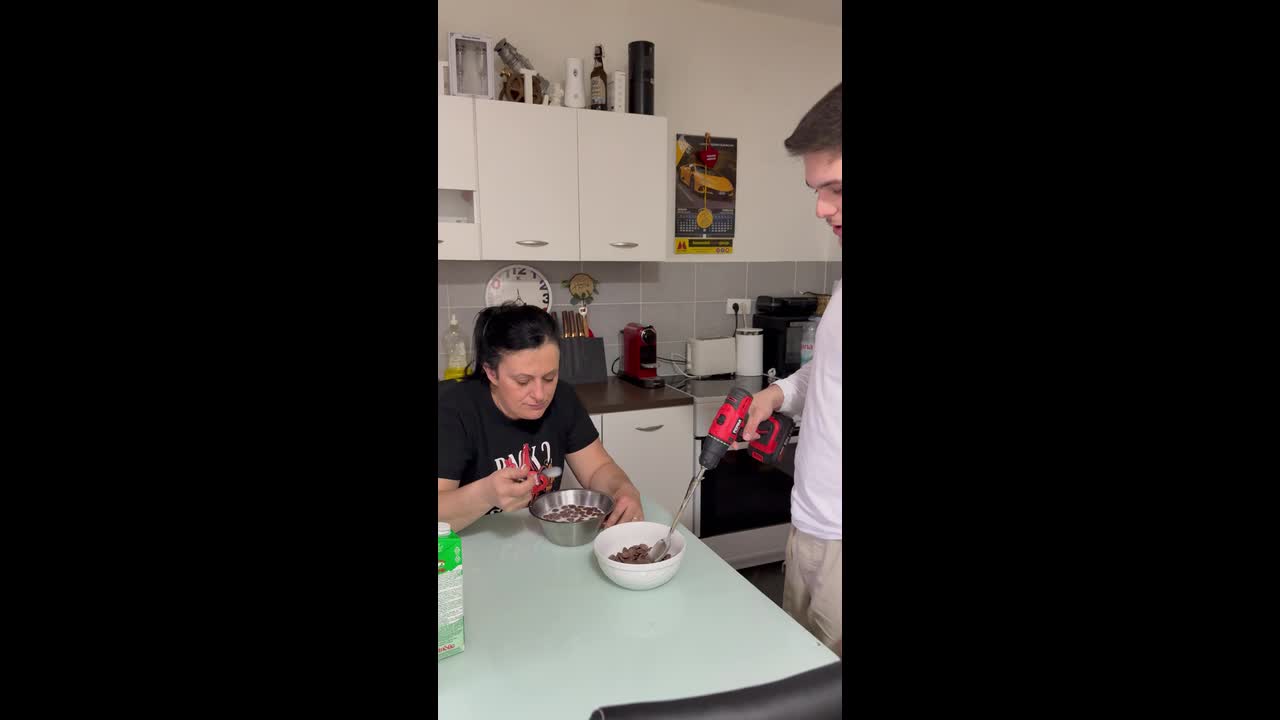 Man tricks mum with drill spoon in bowl of cereal prank