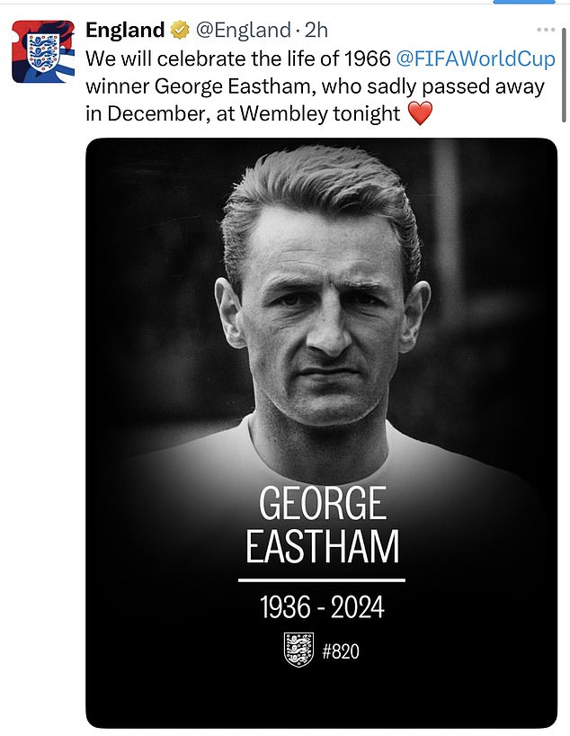 George Eastham: England celebrate life of World Cup winner before ...