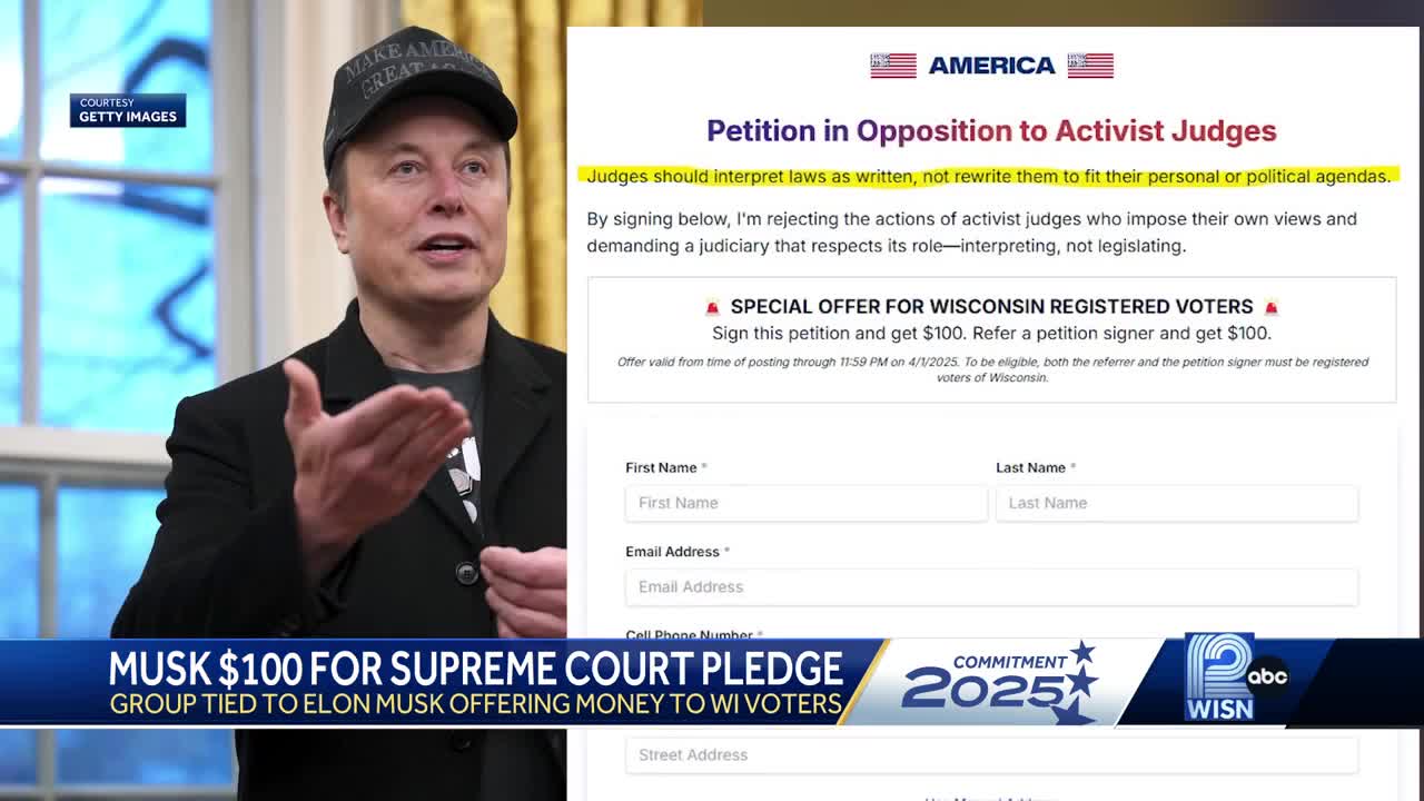 Musk-backed group offers $100 for Wisconsin Supreme Court election pledge