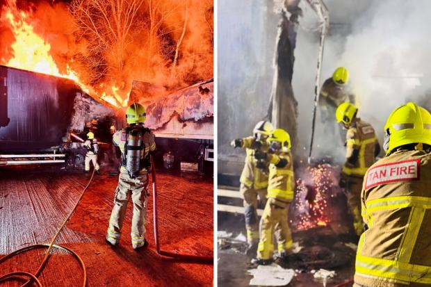 Fire crews from six stations tackle blaze in HGV lorry trailer