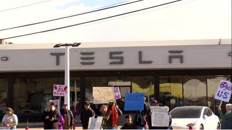 Protestors against Elon Musk gather at Colorado Springs Tesla dealership