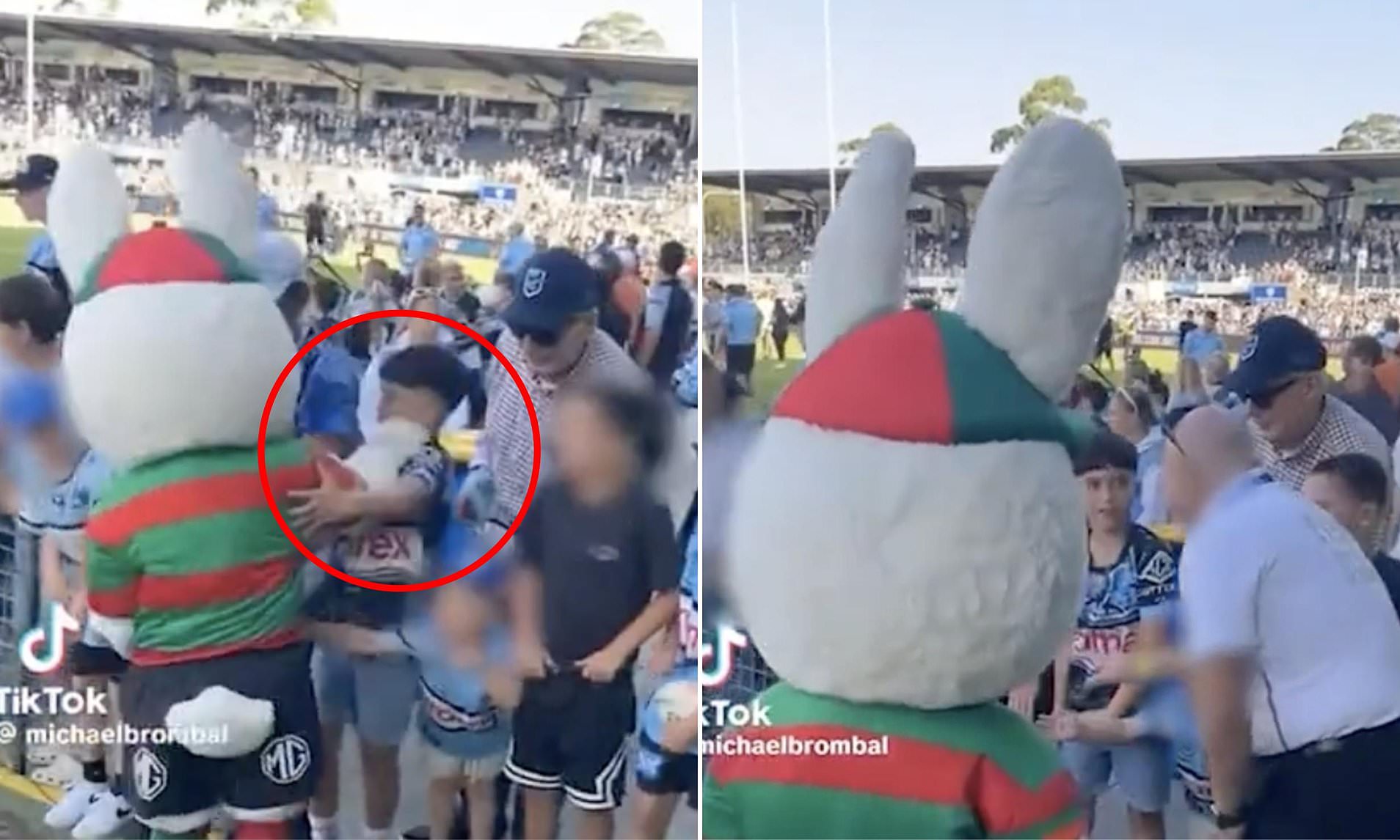 Bizarre moment South Sydney Rabbitohs mascot appears to push a nine ...