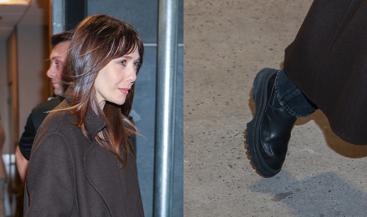 Elizabeth Olsen Takes a Stroll in Black Lug-Sole Booties While in New York