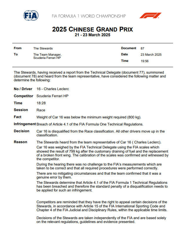Charles Leclerc’s disqualification at the Chinese Grand Prix, explained