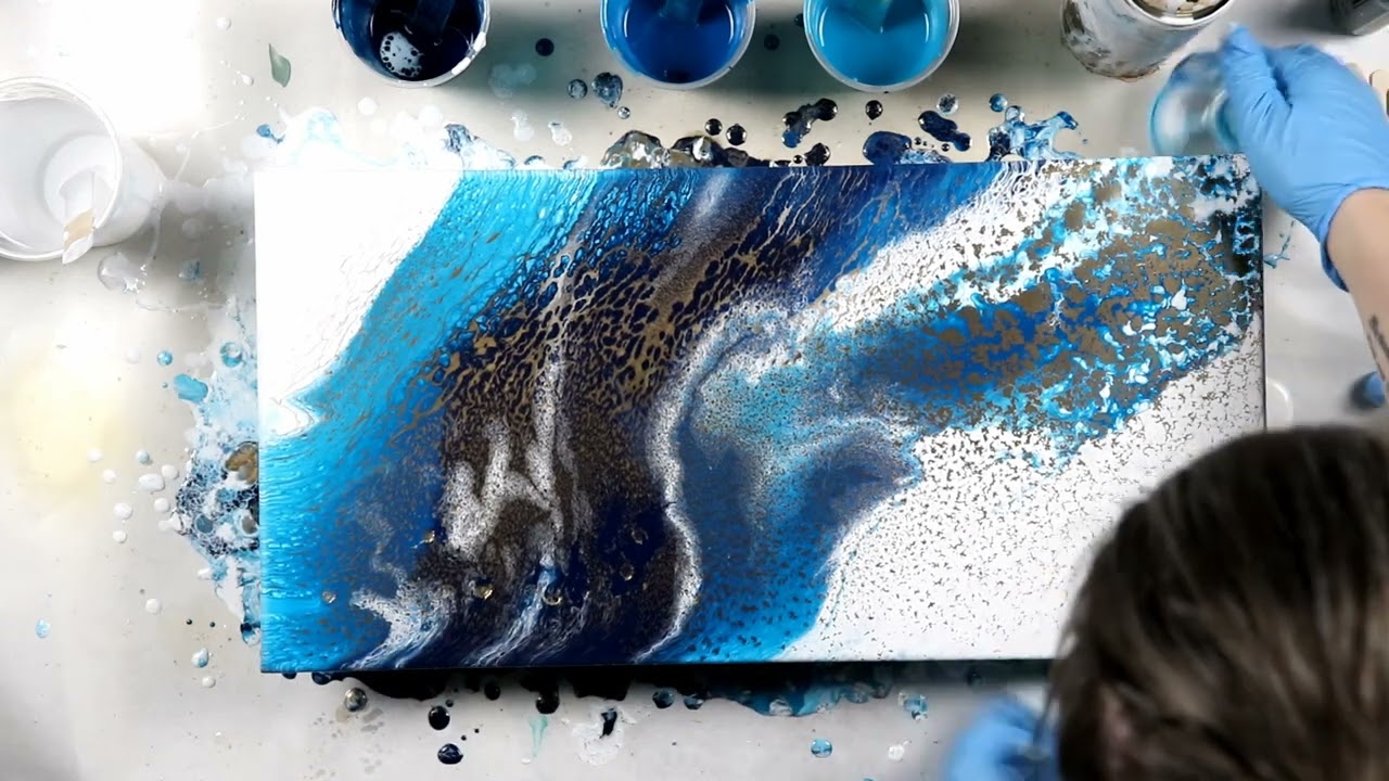 Stunning Ocean Blue And Indigo Acrylic Pour With Gold Spray Paint