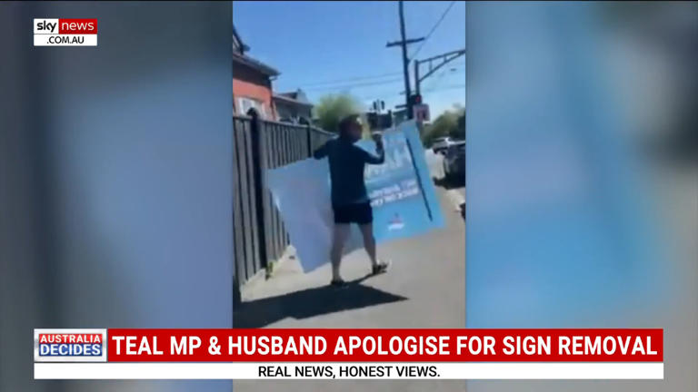 Teal MP Monique Ryan apologises for husband seizing Liberal rival's sign