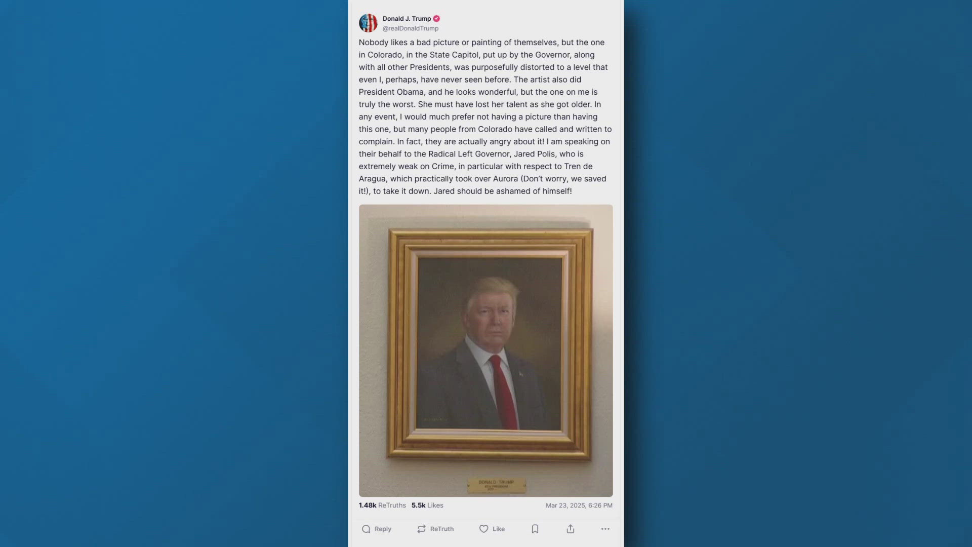 Trump complains about his 'distorted' portrait in Colorado’s Capitol