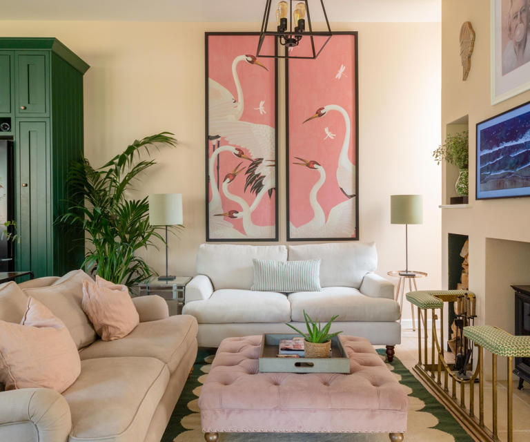 This pink and green open-plan kitchen and living room proves that ...