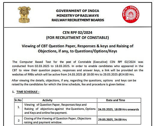 RRB RPF Constable Answer Key 2025 Releasing Today; Here's How To Check
