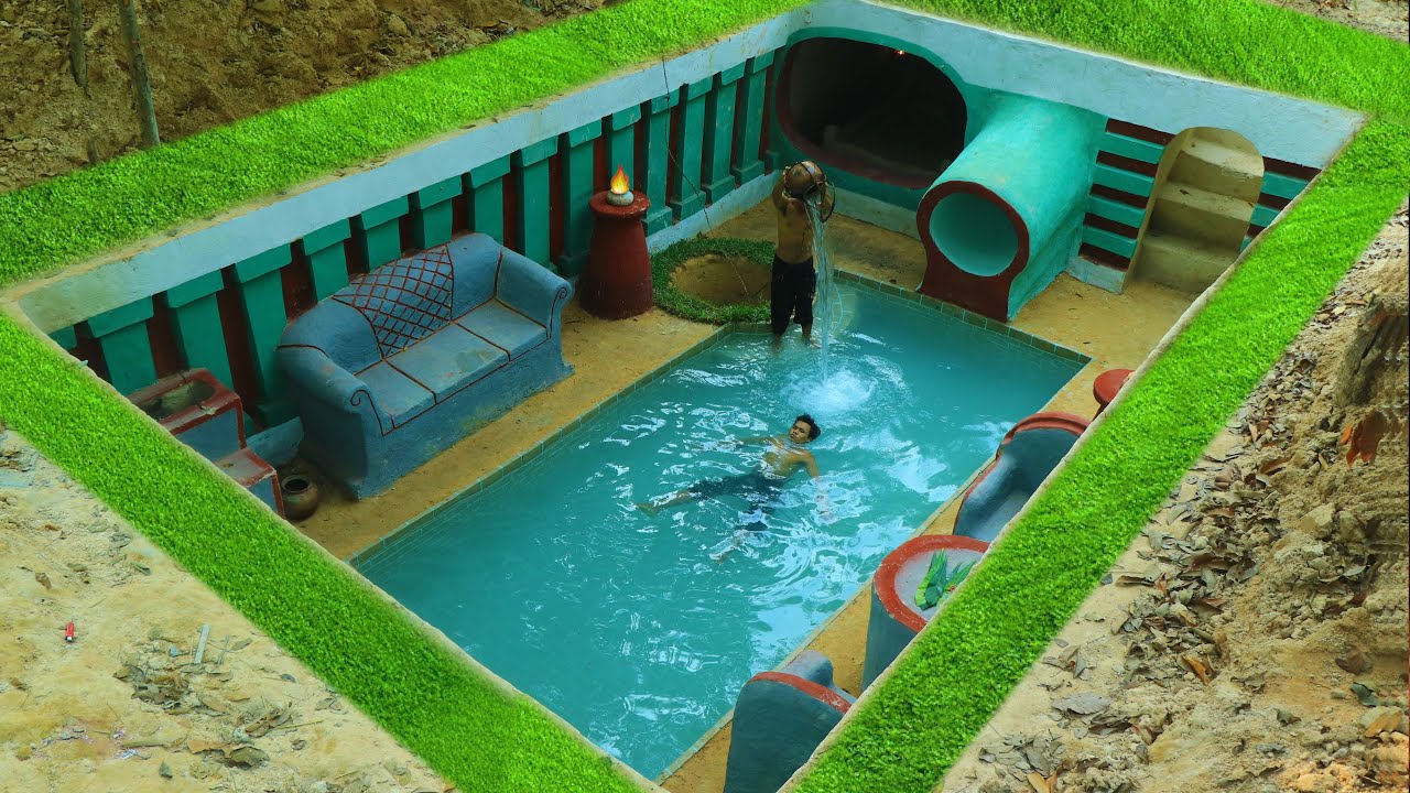 Building a Cave Underground Swimming Pool with Underground Living Room