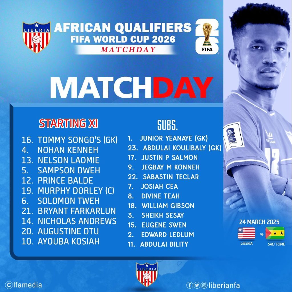 FIFA WCQ: Liberia Vs Sao Tome and Principe Confirmed Line Up