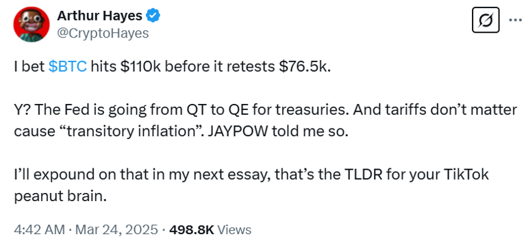 Bitcoin ‘more likely’ to hit $110K before $76.5K — Arthur Hayes