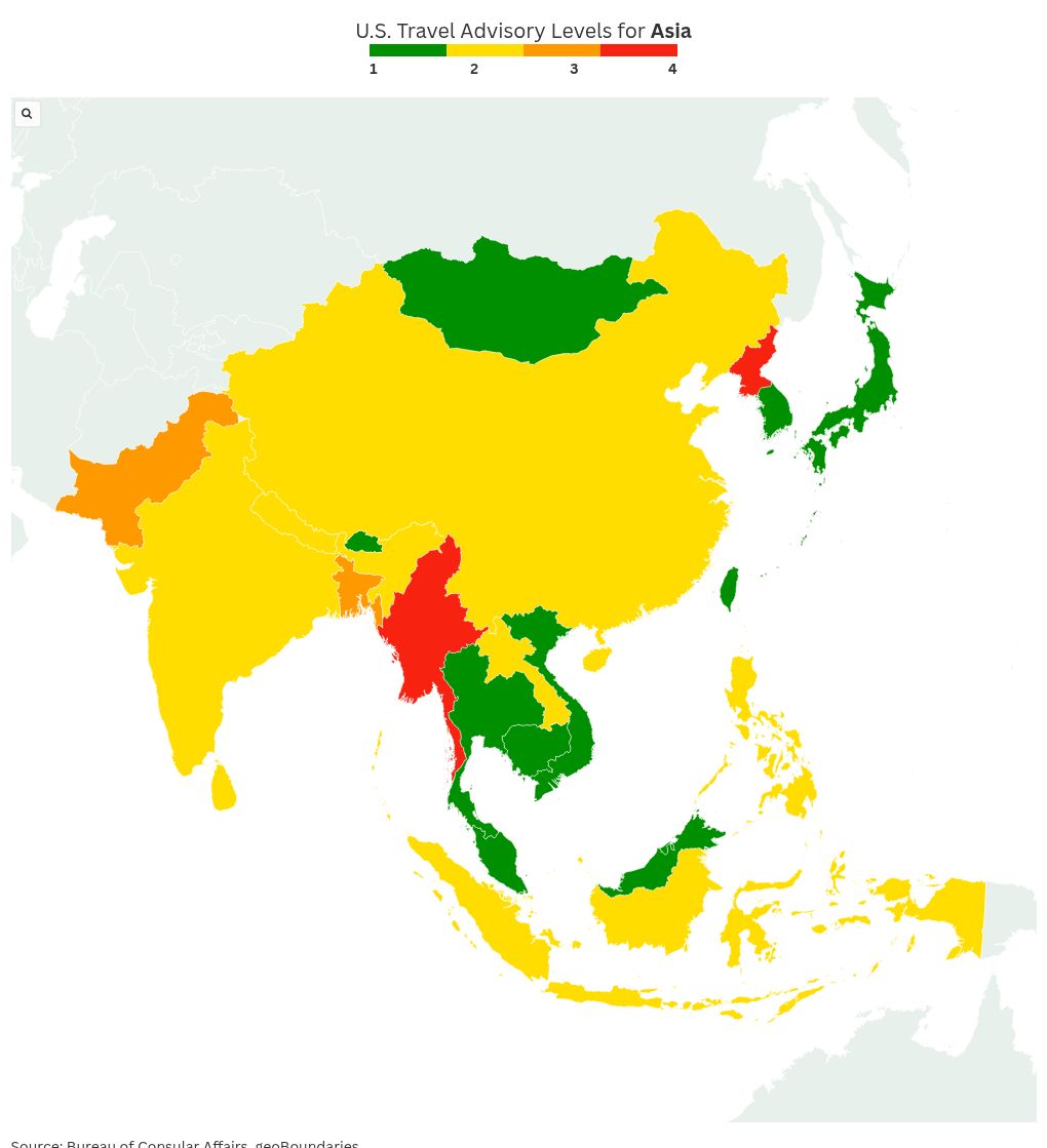 Map Shows US Travel Warnings for Asia Right Now