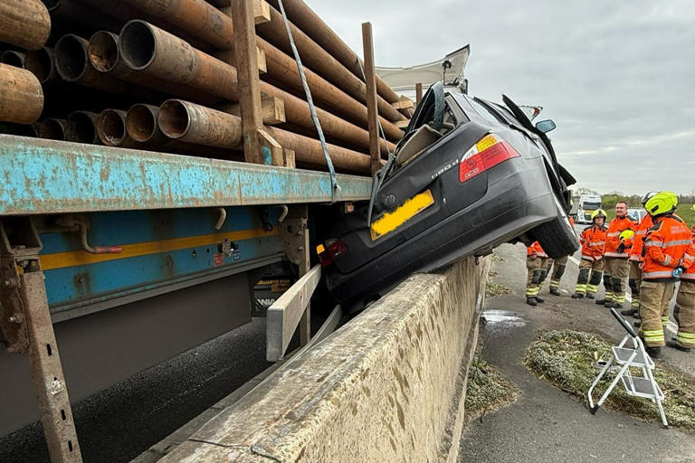 Miracle escape as BMW crushed against A1 barrier by lorry