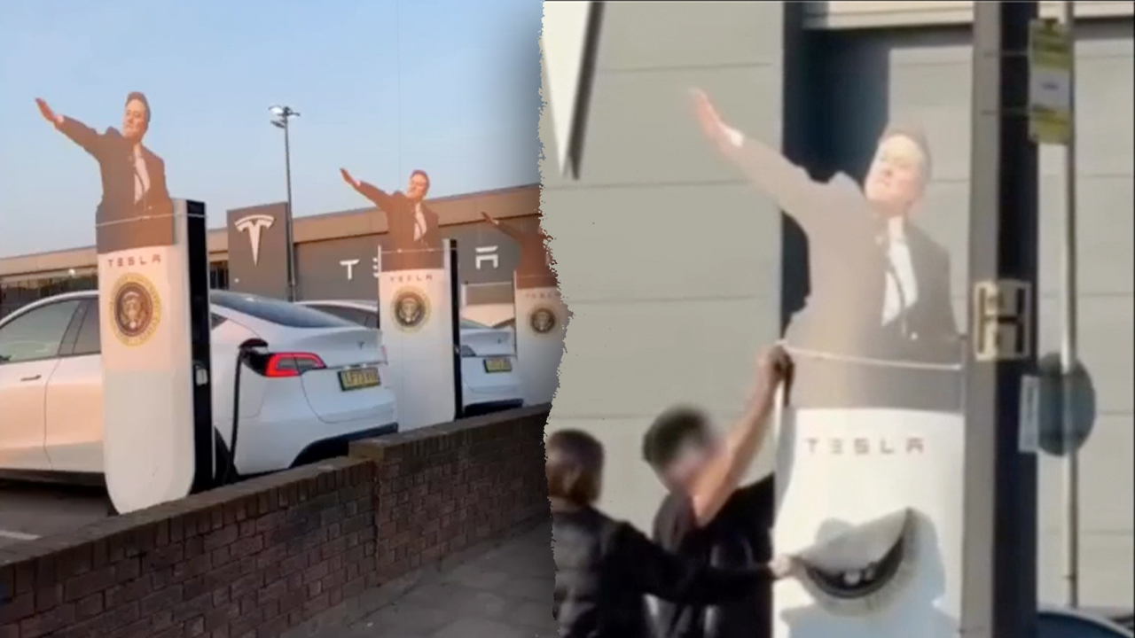 Activists place Elon Musk salute cutouts on Tesla chargers, video shows