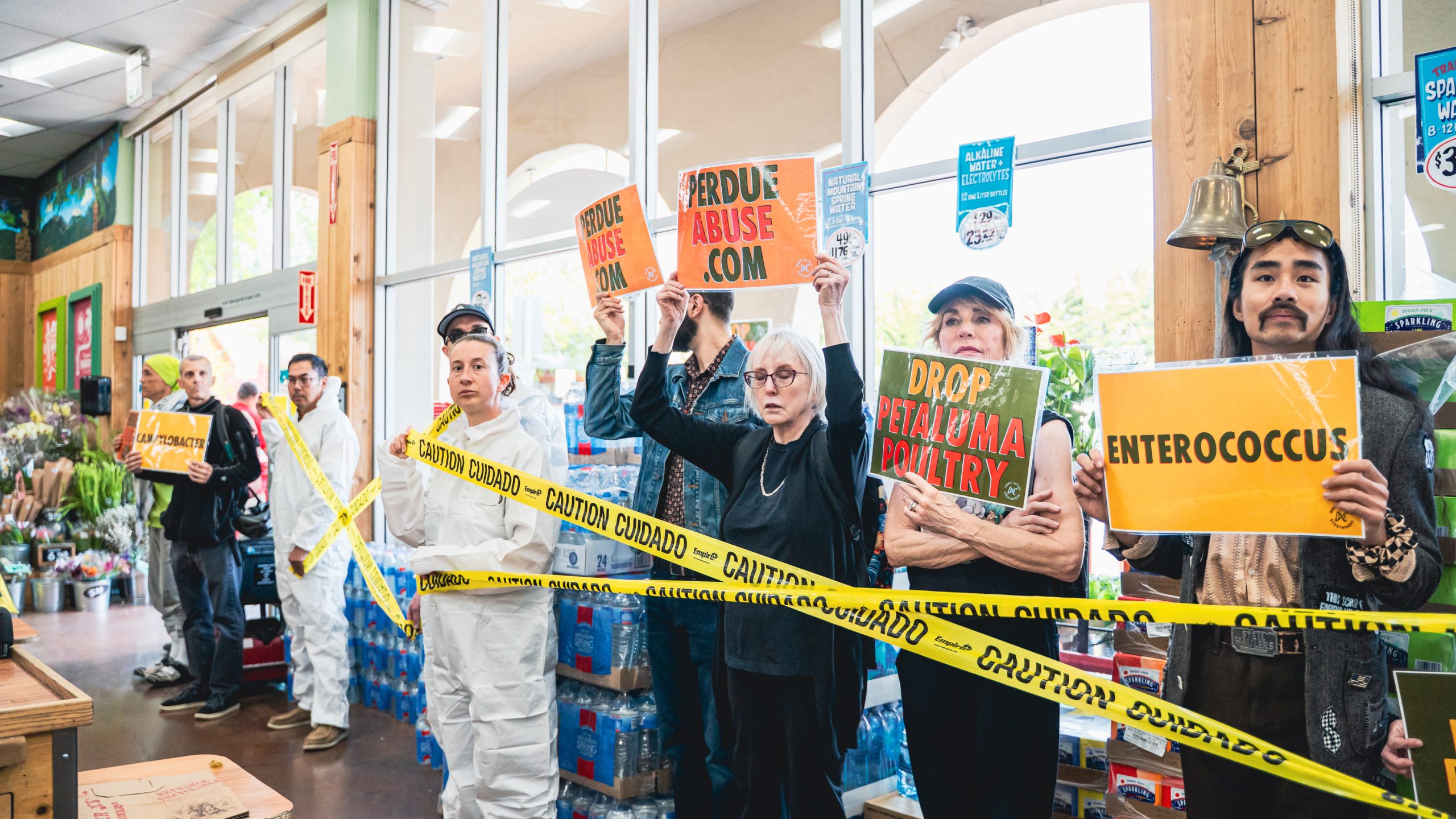 Animal rights activists protest Trader Joe's selling chicken from Bay ...