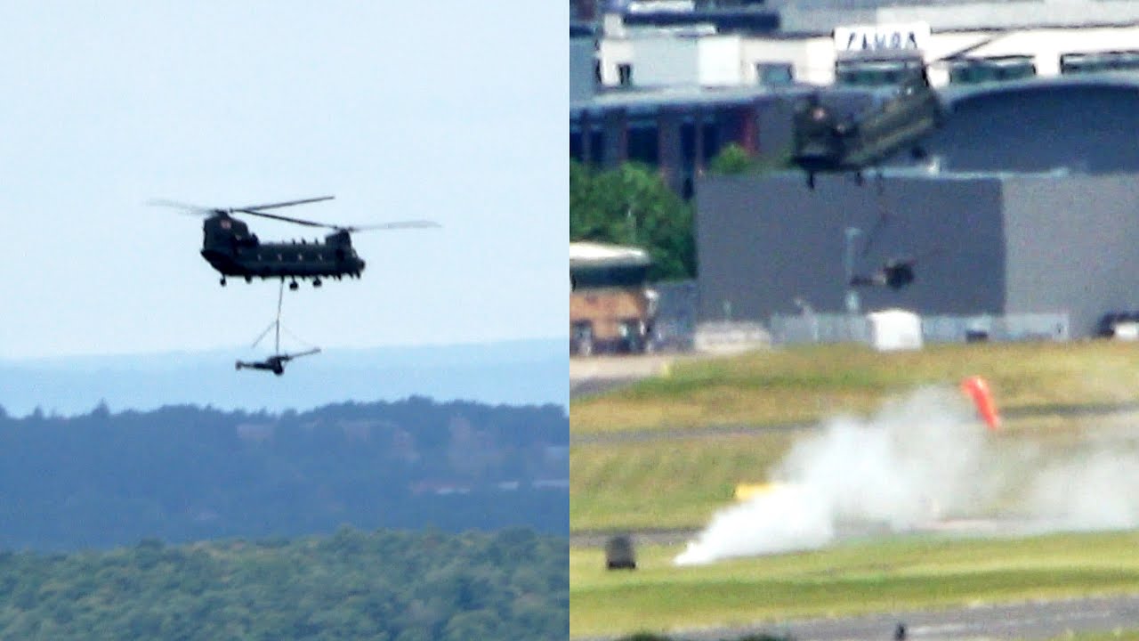RAF Chinook Demo Drops Cannon For Ground Forces at Farnborough Airshow